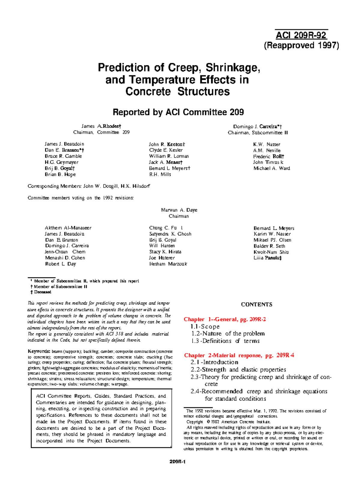 Aci 209r 92 Prediction Of Creep Shrinkage And Temperature Effects In Concrete Structures Aci