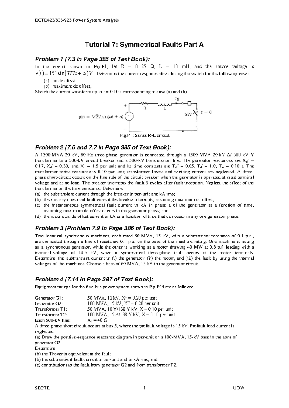 Tut7 ECTE423 823 923 2023 - ECTE423/823/923 Power System Analysis SECTE 1 UOW Tutorial 7: - Studocu