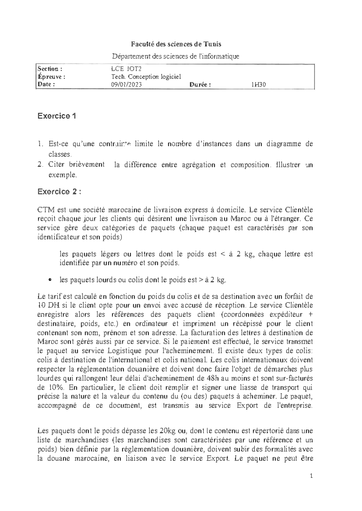Exam UML - uml - Section: Épreuve: Date: Exercice 1 Faculté des ...