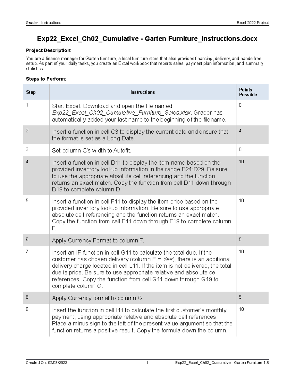Exp22 Excel Ch02 Cumulative - Garten Furniture Instructions - Grader - Instructions Excel 2022 ...