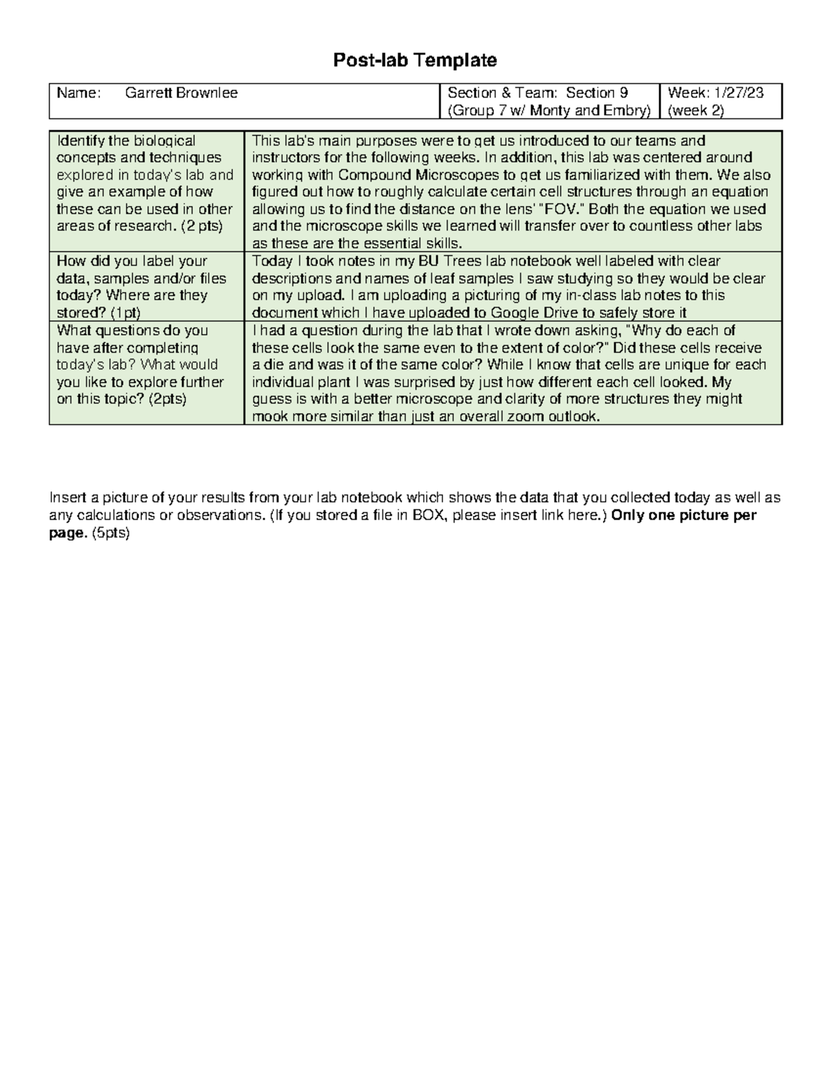 Post-lab Week 2 - Lab - Post-lab Template Name: Garrett Brownlee ...