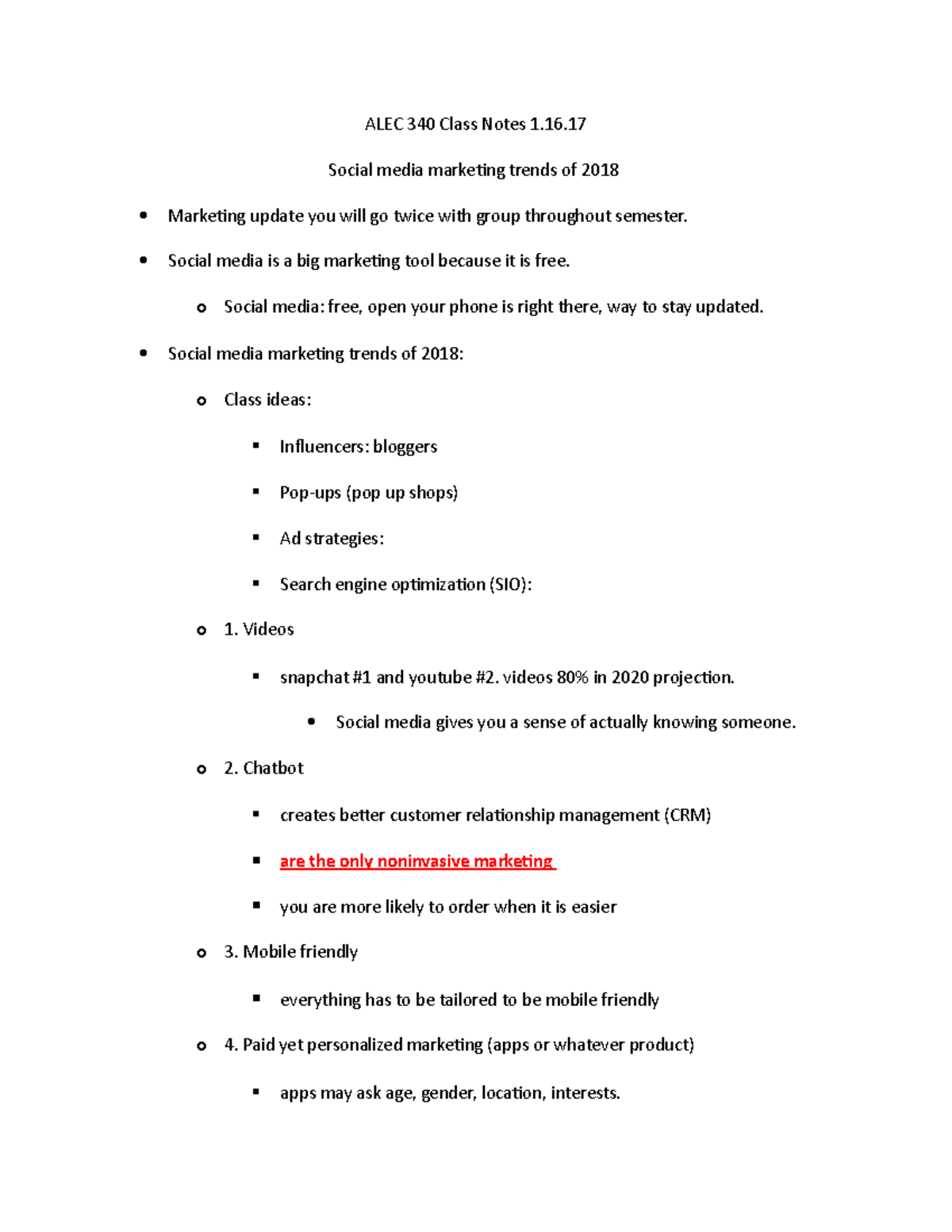 ALEC 340 Class Notes 1 - ALEC 340 Class Notes 1. Social media marketing ...