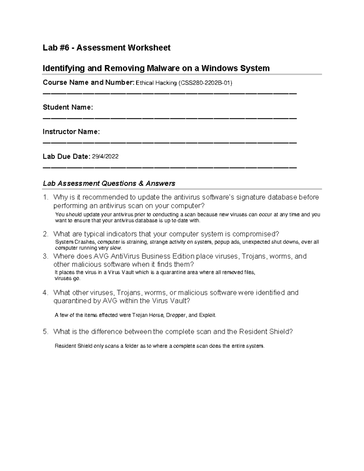 Identifying and Removing Malware on a Windows System - Lab #6 ...