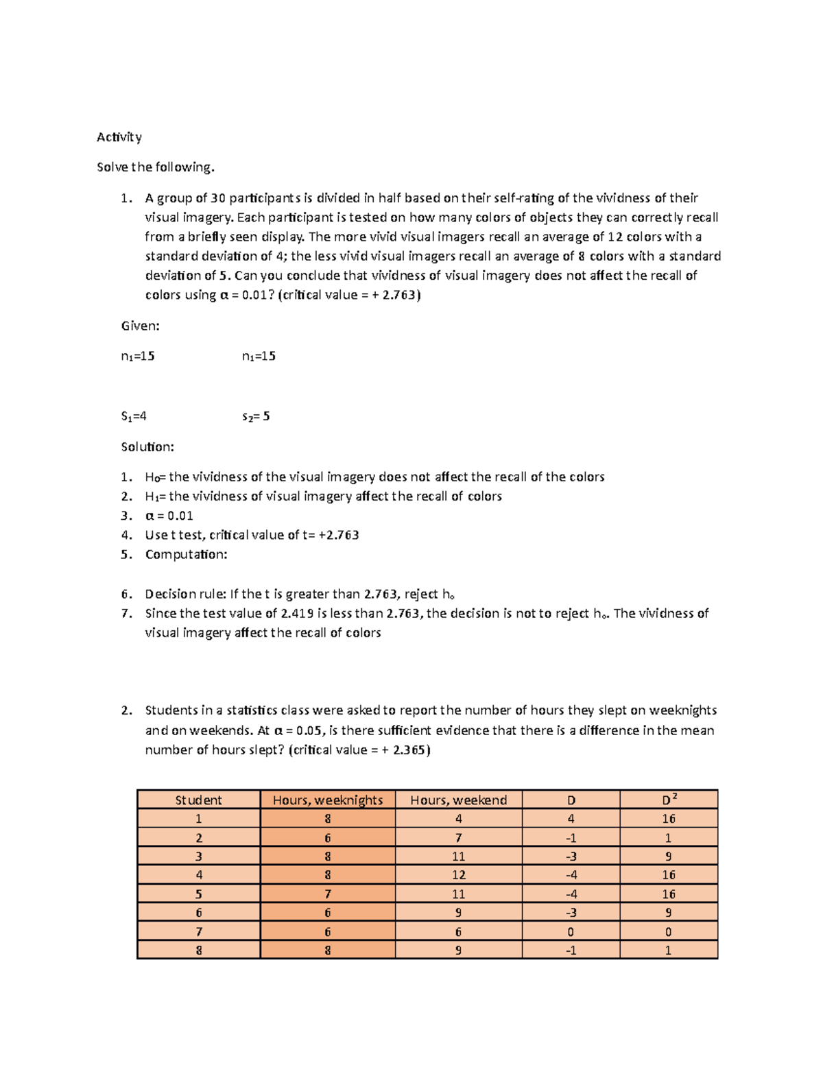 Psychological Statictics - Activity Solve the following. A group of 30 ...
