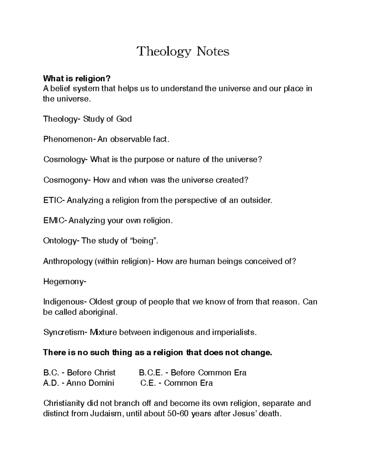 World Religions Notes - Theology Notes What is religion? A belief ...