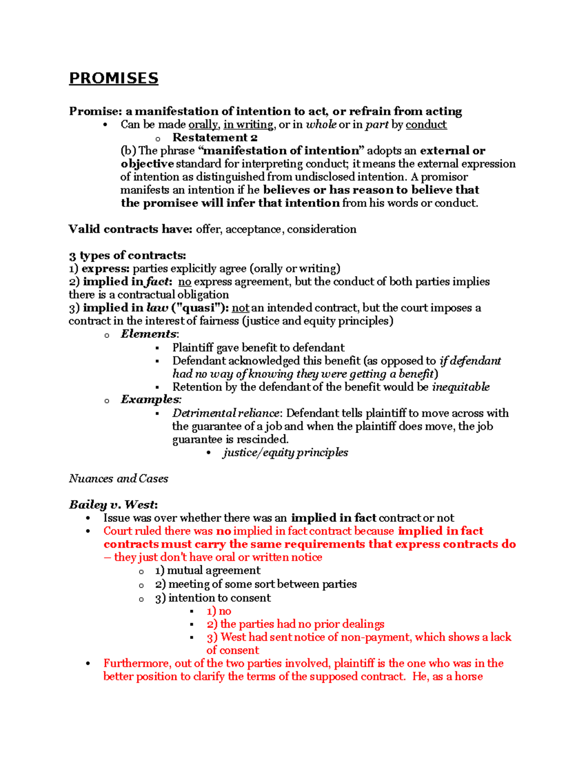 Contracts I Outline - PROMISES Promise: a manifestation of intention to ...