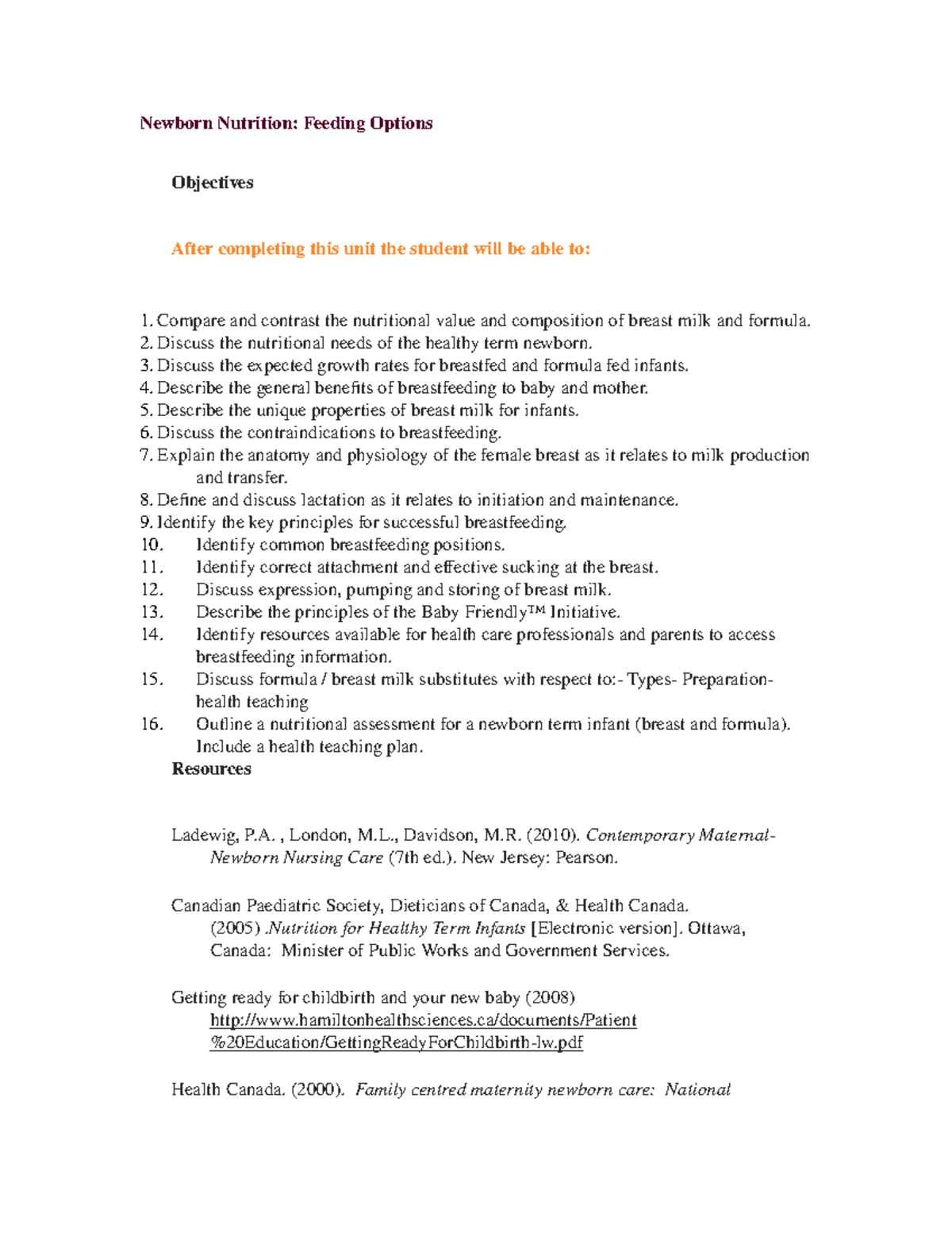 Lecture notes, unit 7-9 learning objectives - Newborn Nutrition ...
