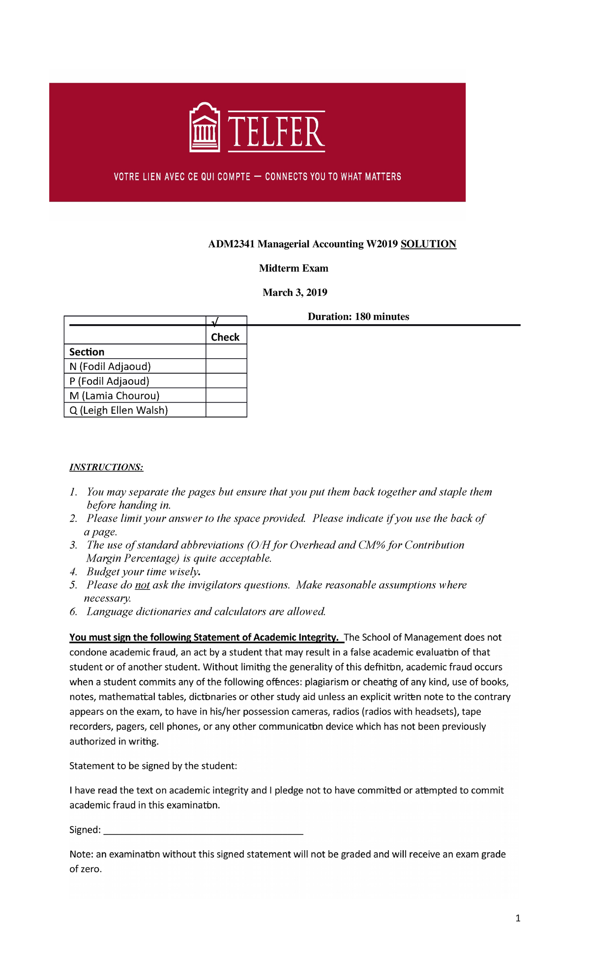Midterm 2019, questions and answers - ADM2341 Managerial Accounting W2019 SOLUTION Midterm Exam ...