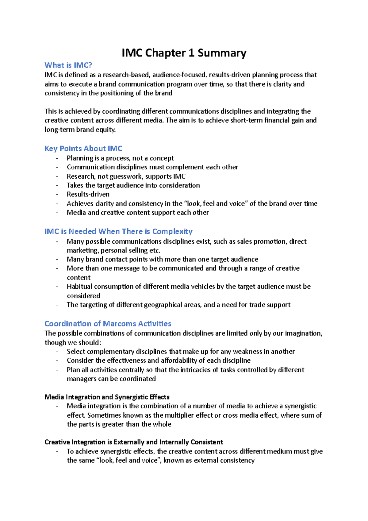 Textbook Chapter Summaries - IMC Chapter 1 Summary What is IMC? IMC is ...