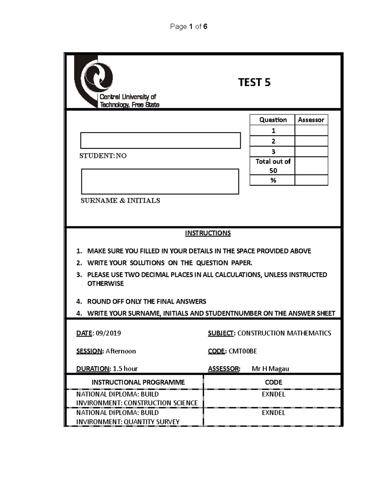 Test 5 2019 CMT - class practical - TEST 5 INSTRUCTIONS 1. MAKE SURE ...
