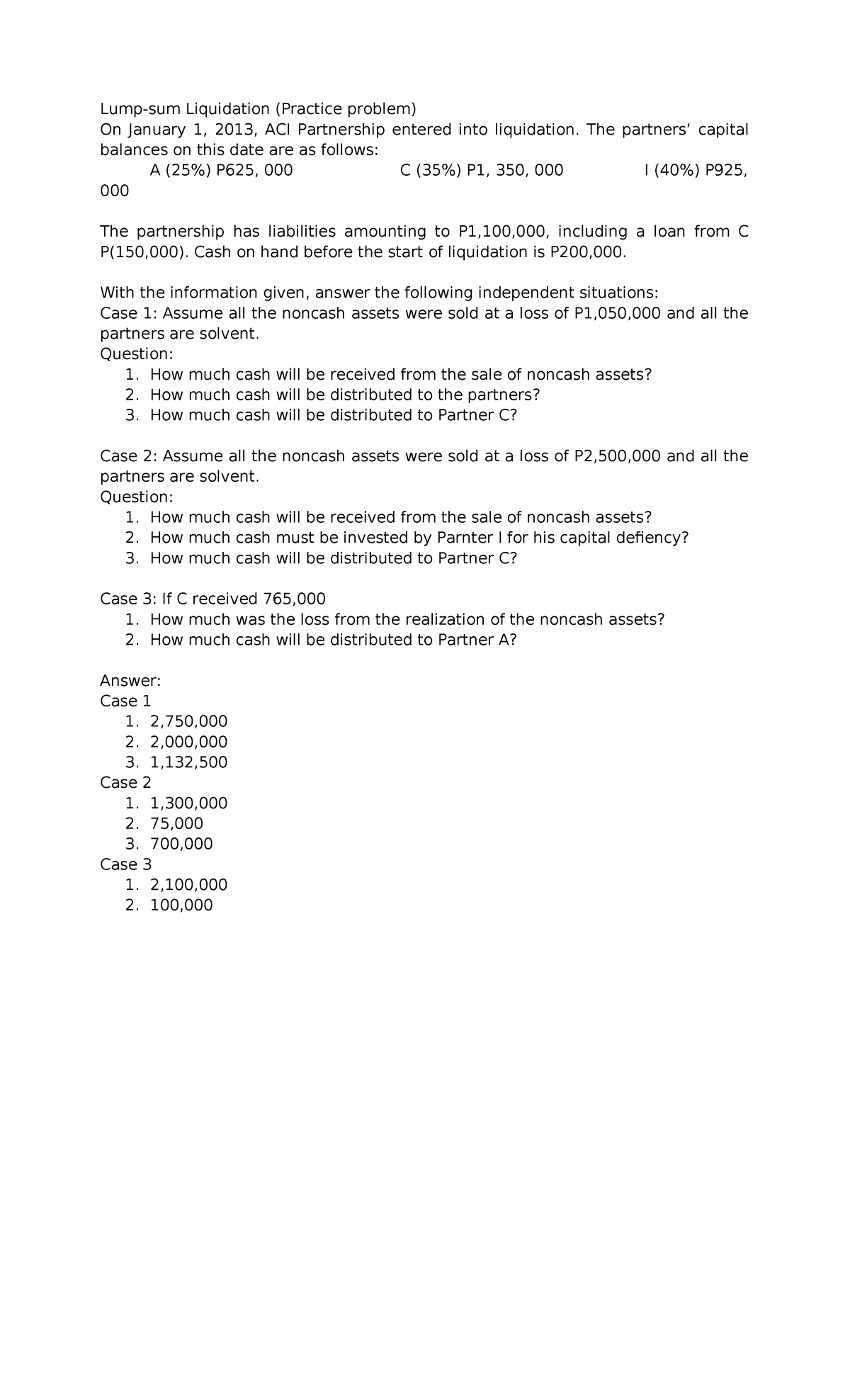Lump sum liquidation sample problem with key - Lump-sum Liquidation (Practice problem) On ...