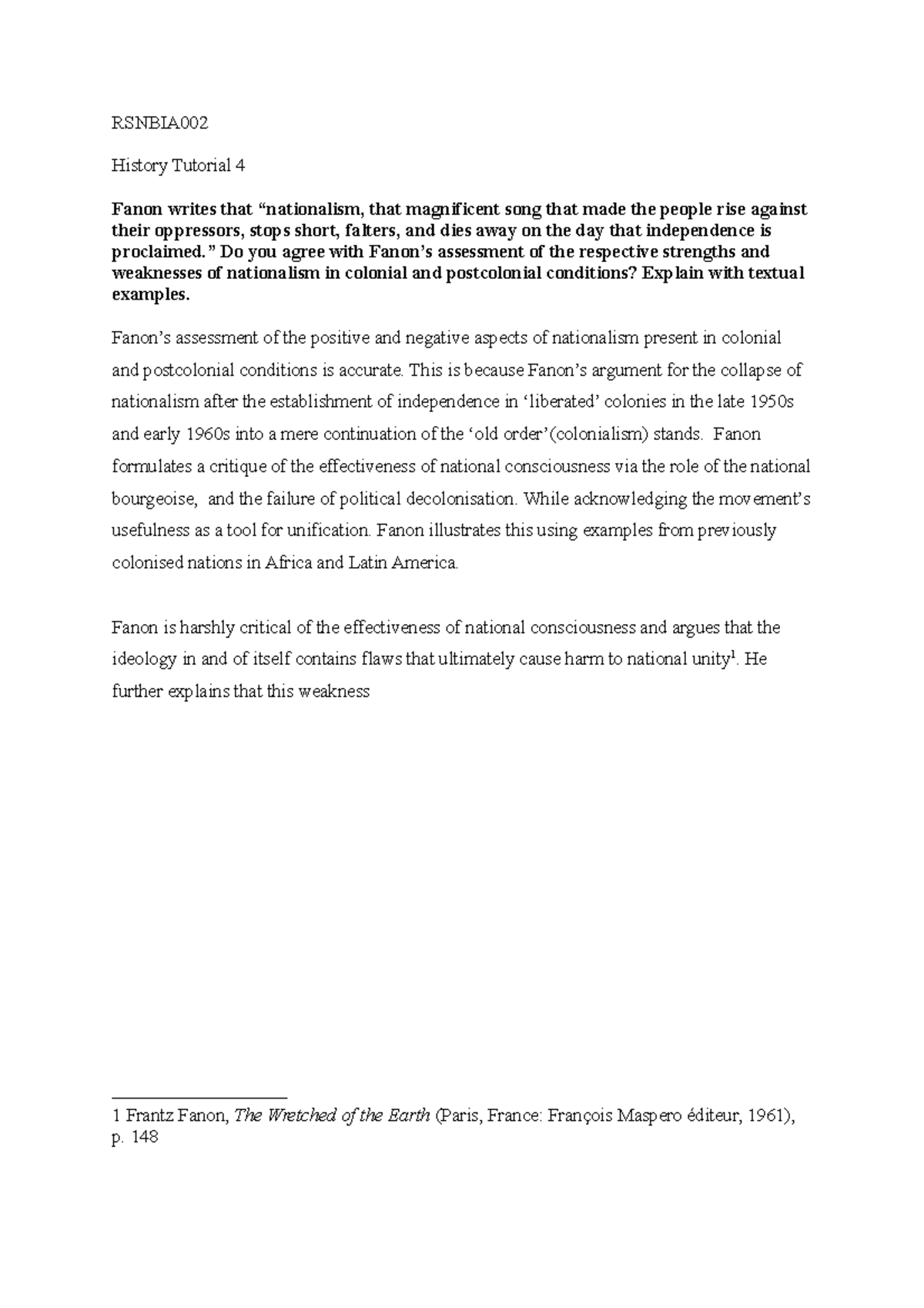 Rsnbia 002 Tutorial Assignment 4 - RSNBIA History Tutorial 4 Fanon ...