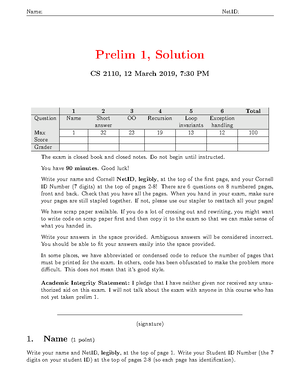 P1solcs 2110fa14 5-30 - Past Prelim 1 solutions from CS 2110 taught by Professor David Gries and ...