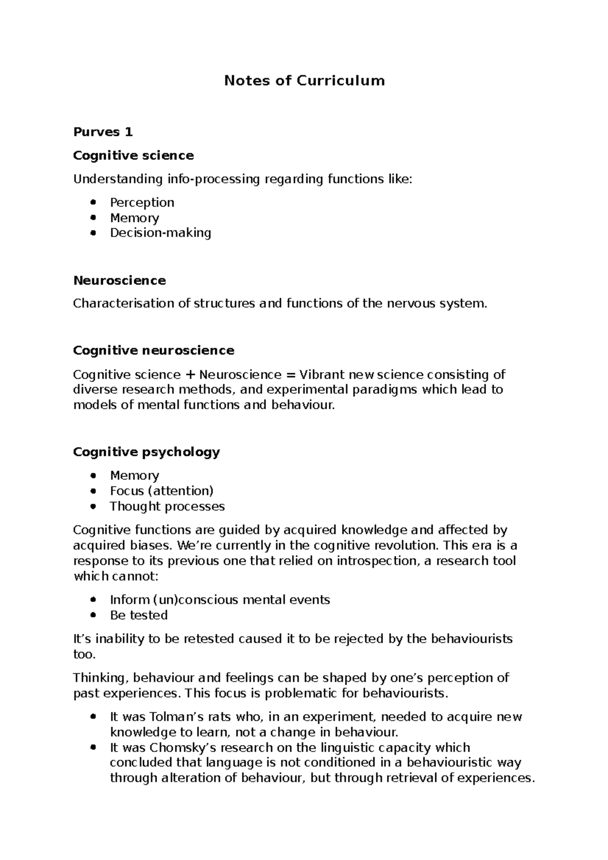 Notes of Curriculum - Notes of Curriculum Purves 1 Cognitive science ...