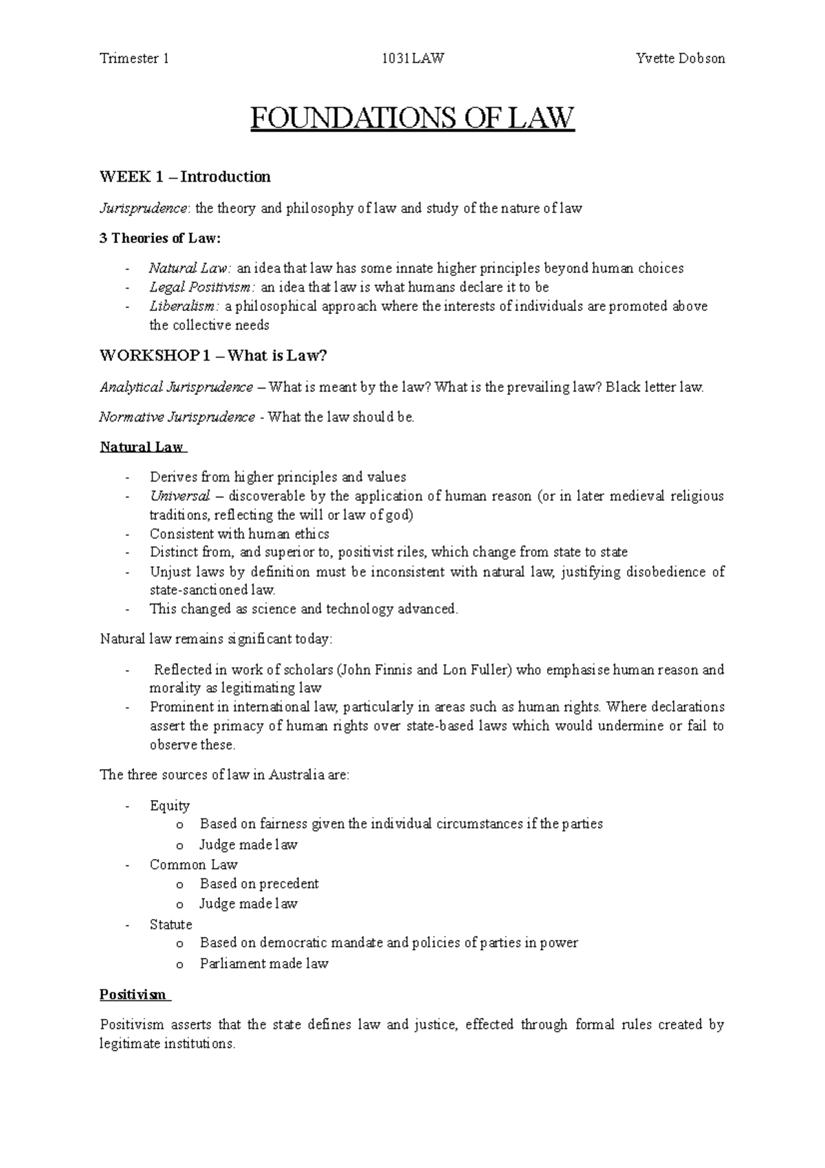 Fo L Written Notes - FOUNDATIONS OF LAW WEEK 1 – Introduction ...