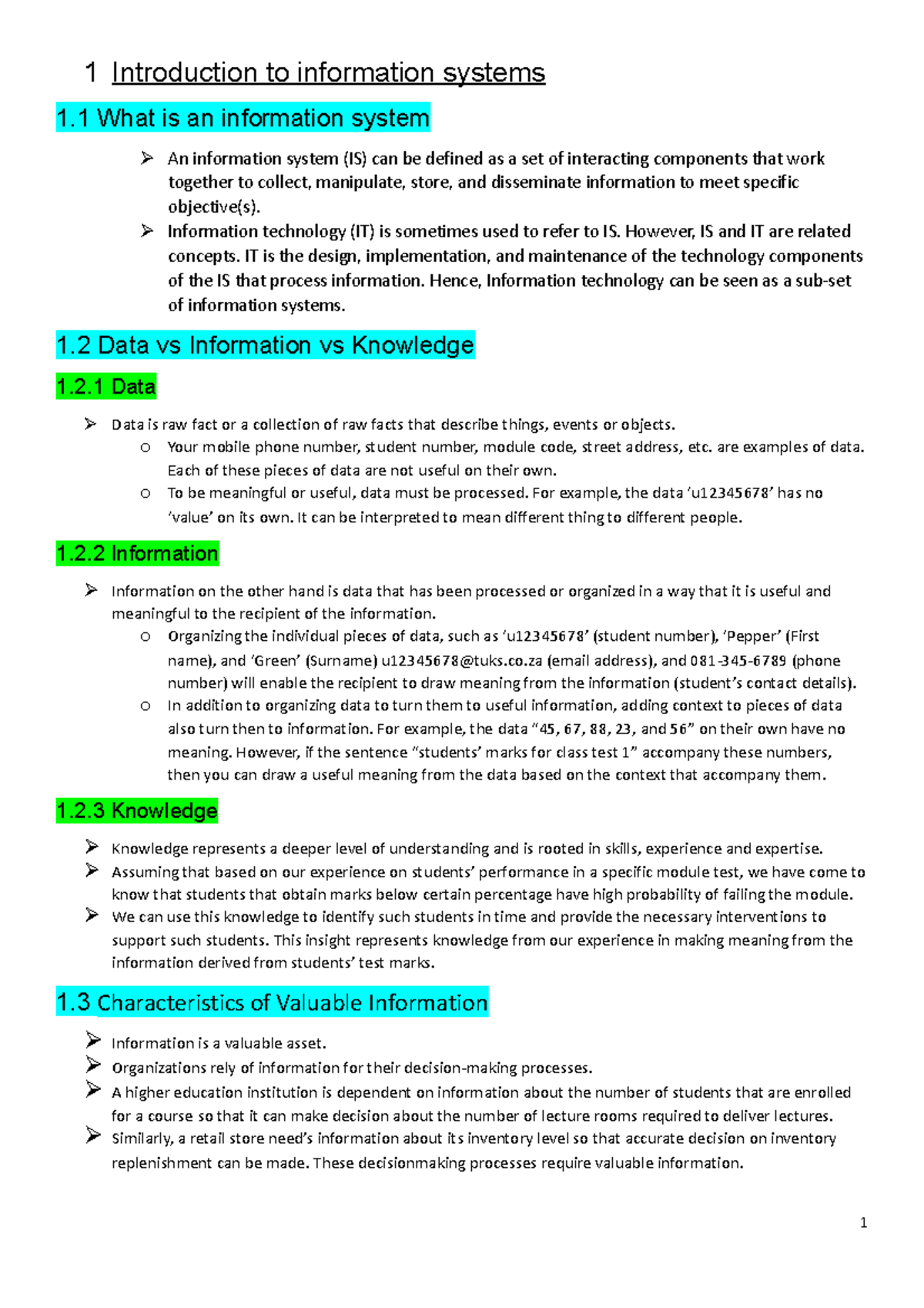 =INF CHAP 1-7 - chapter 1-7 - 1 Introduction to information systems 1 ...