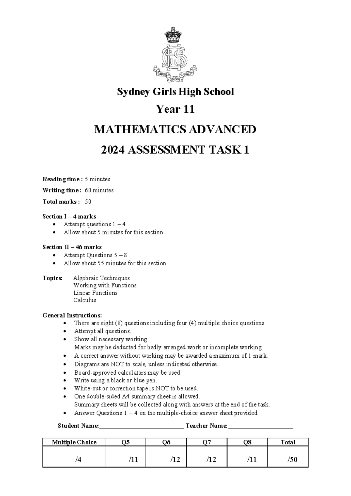 2024 Y11 MA Task 1 - Half-yearly. Difficult. - Sydney Girls High School ...