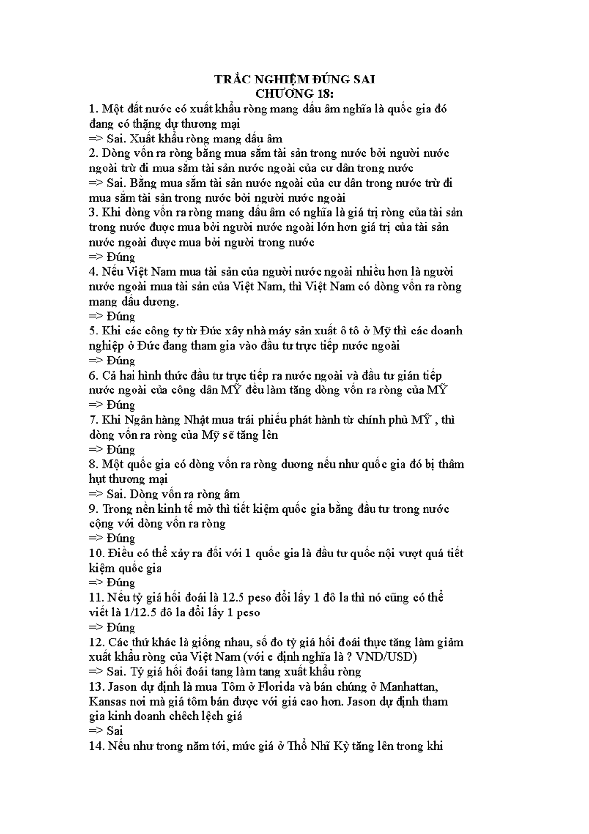 Ktvm chương 18 - KTVM - TRẮC NGHIỆM ĐÚNG SAI CHƯƠNG 18: Một đất nước có ...