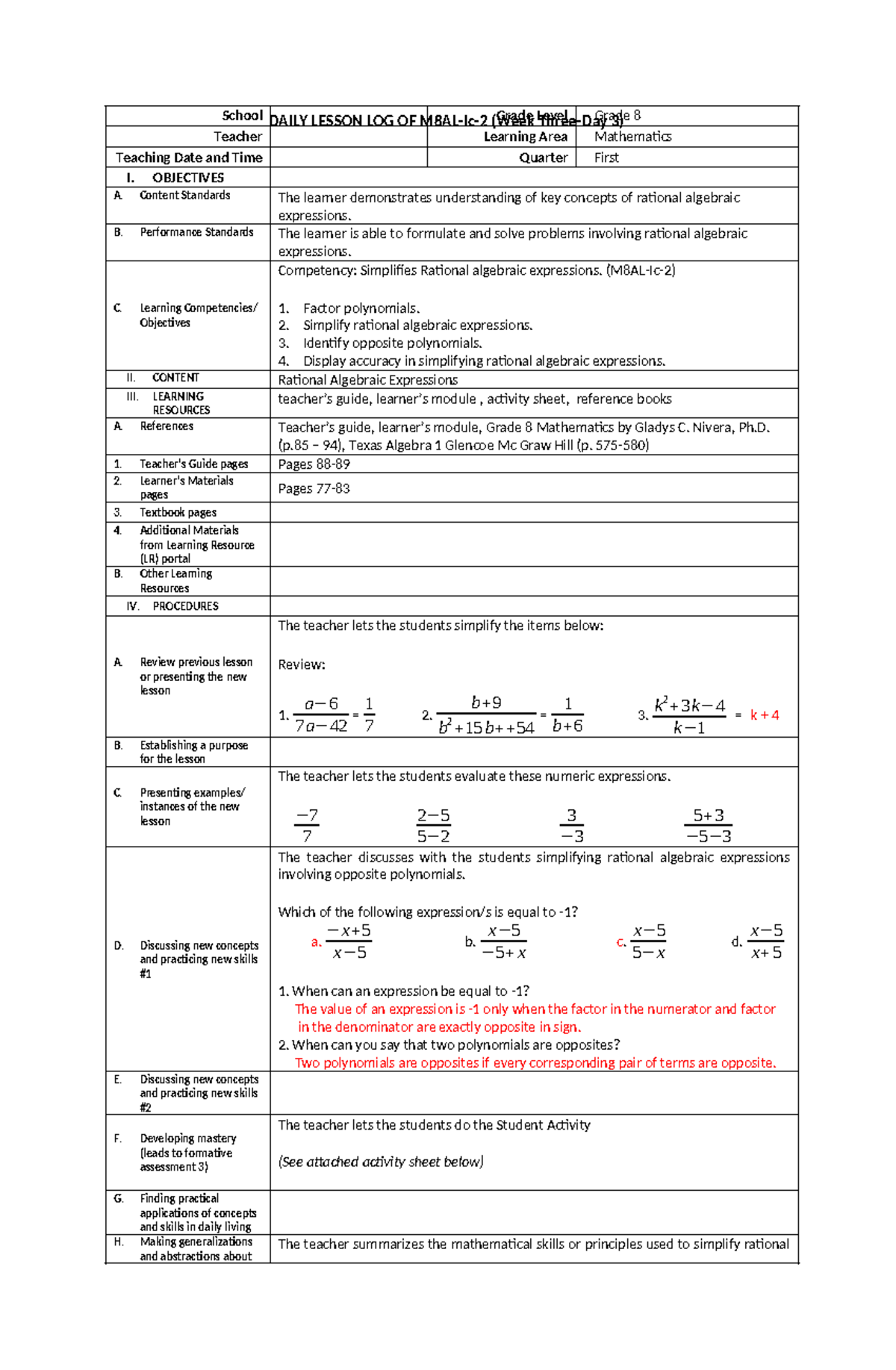 I-Day 11 - Important notes. - School Grade Level Grade 8 Teacher ...