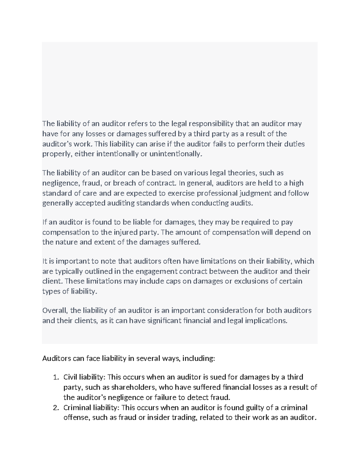 Auditing liablity - aditing - The liability of an auditor refers to the ...