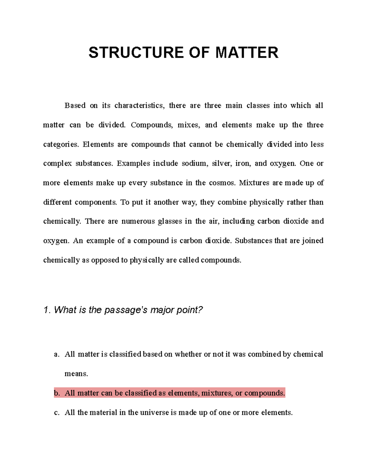 CHEMISTRY - Structure OF Matter - STRUCTURE OF MATTER Based on its ...