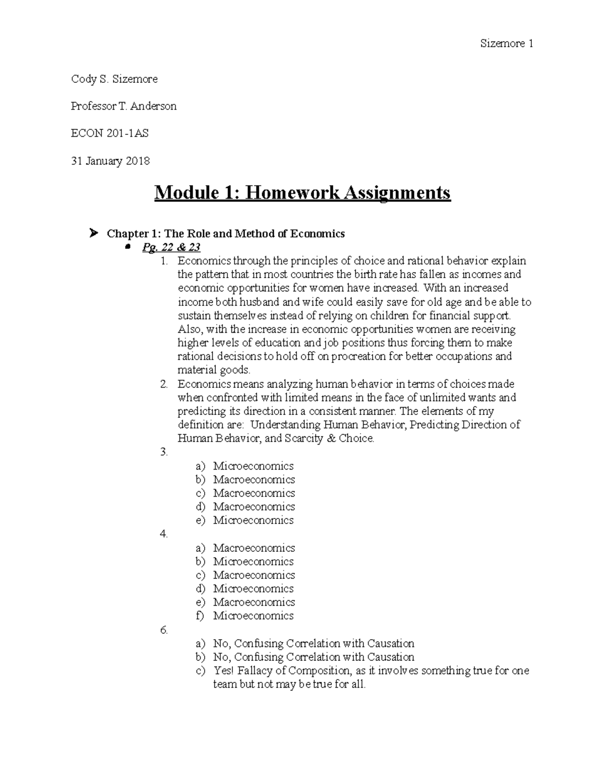 Module #1 HW Assignments - Sizemore 1 Cody S. Sizemore Professor T ...