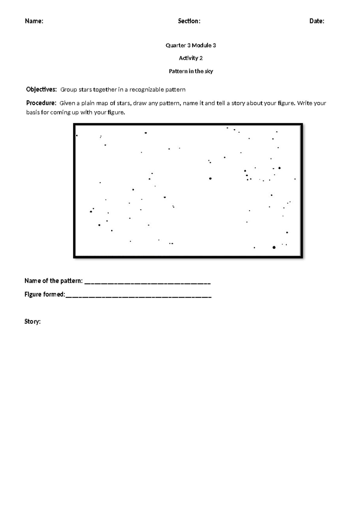 Pattern in the sky Activity sheet - Bachelor of Secondary Education ...