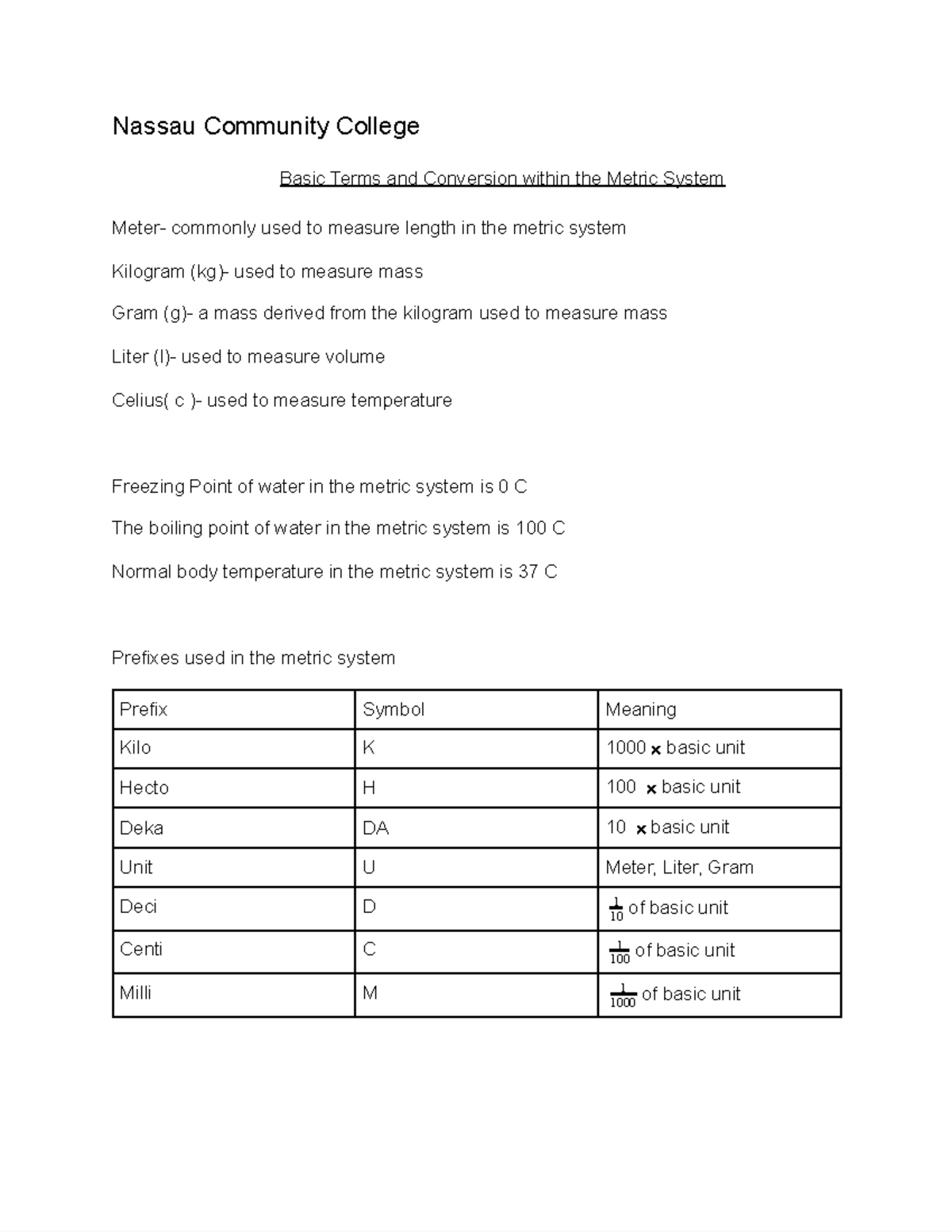 Basic terms and Conversion within the Metric System - Nassau Community ...
