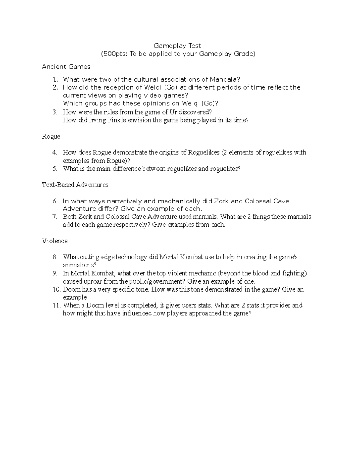 Gameplay Test Prep - Gameplay Test (500pts: To be applied to your ...