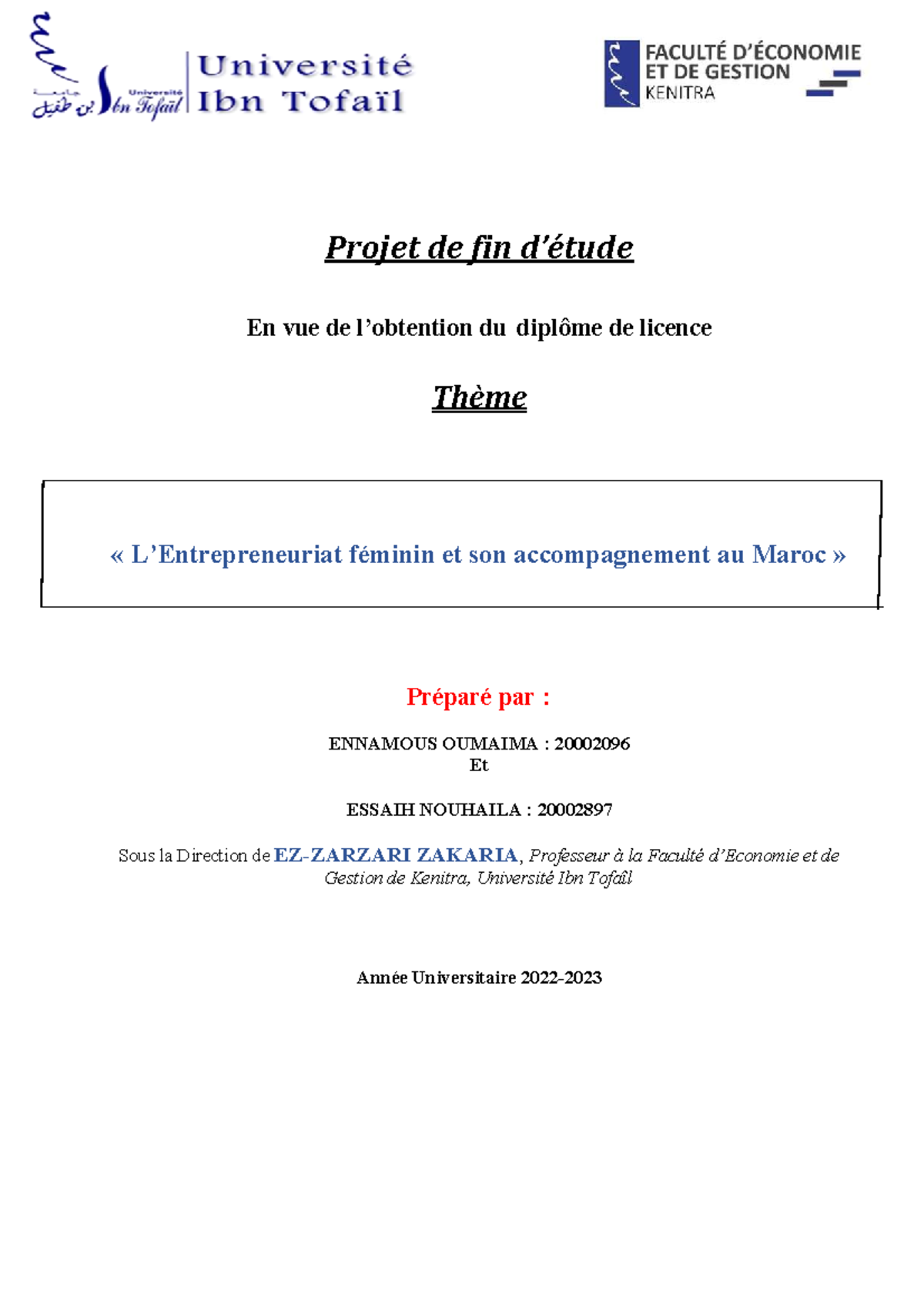 Entrepreneuriat féminin pfe Final Finalnouveau - Projet de fin d’étude ...