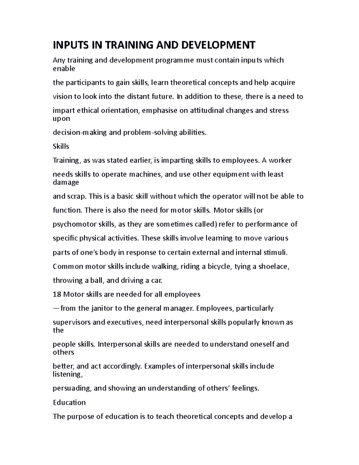 Inputs IN Training AND Development - INPUTS IN TRAINING AND DEVELOPMENT ...