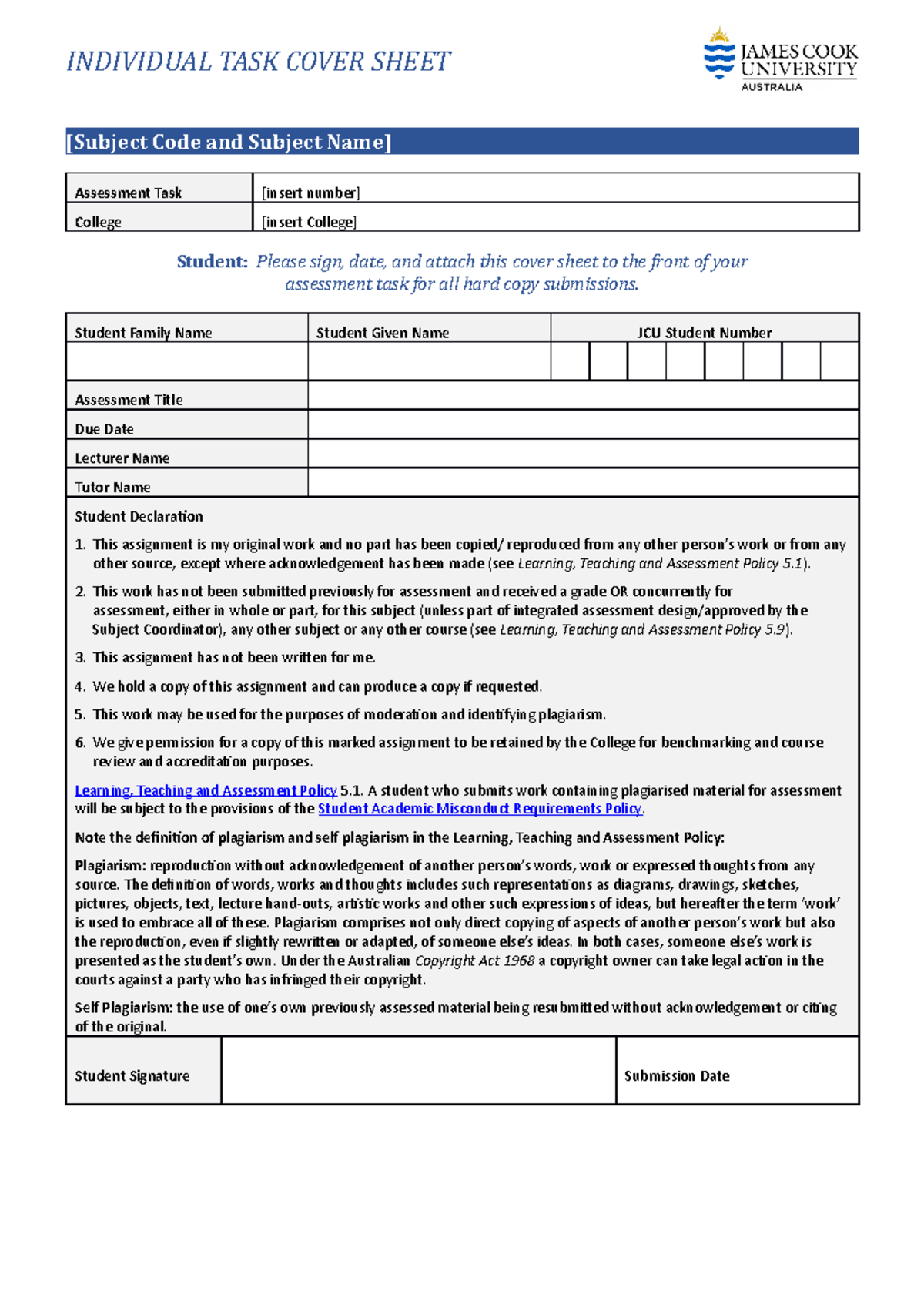 Individual Task Cover Sheet - INDIVIDUAL TASK COVER SHEET [Subject Code ...