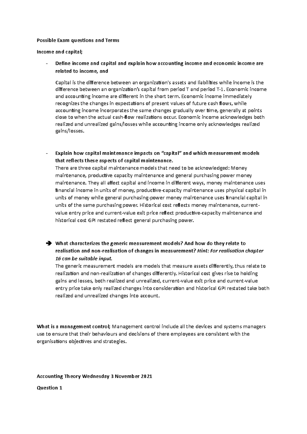Old Exam Answers - Possible Exam questions and Terms Income and capital ...