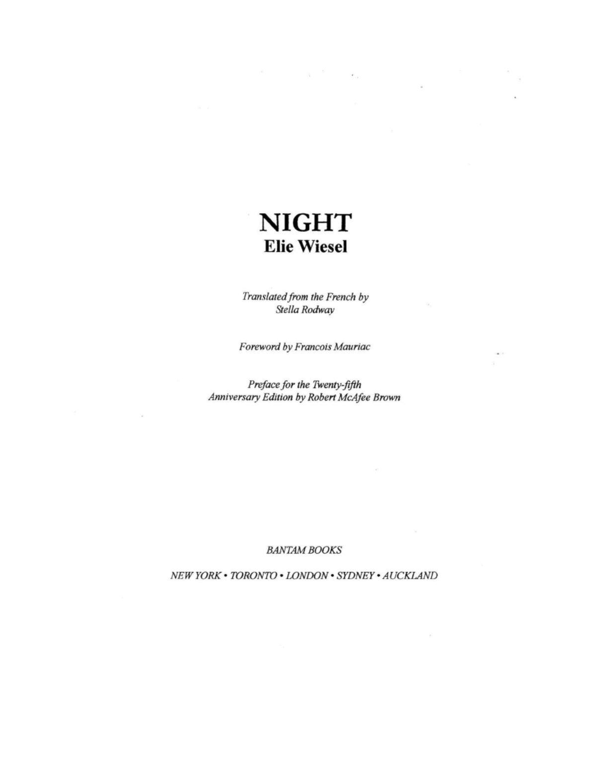 Night - Lecture notes 1 - NIGHT Elie Wiesel Translated from the French ...