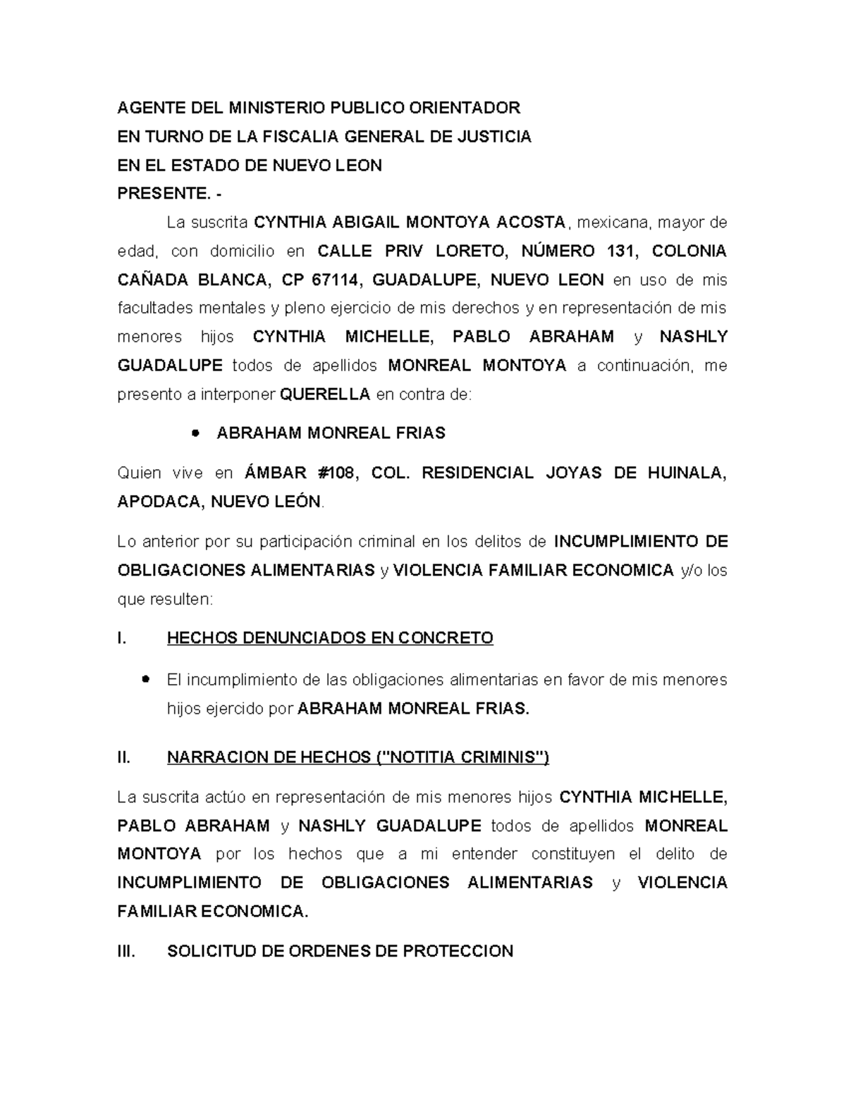 Ejemplo DE Querella - EVIDENCIA - AGENTE DEL MINISTERIO PUBLICO ...