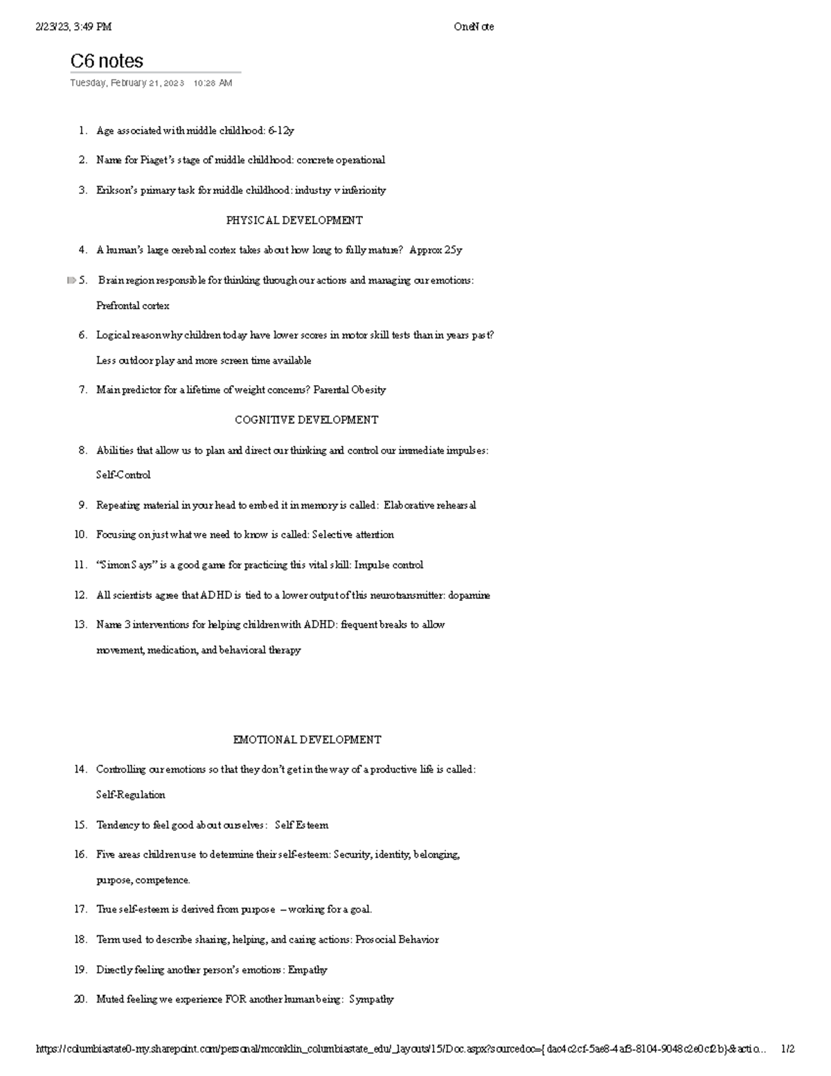 Chapter 6 notes - c6 middle childhood note assignment, Nichols - 2/23 ...