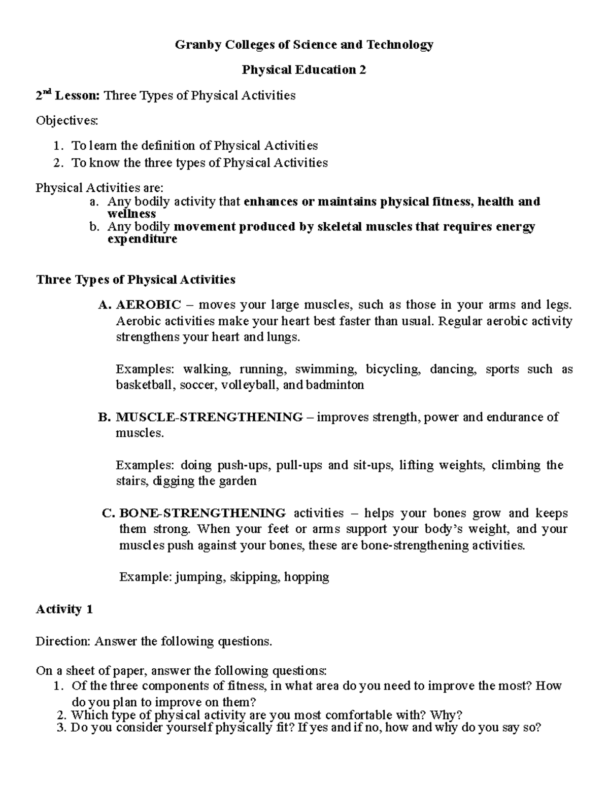 L2-Three Types of Physical Activities - Granby Colleges of Science and ...