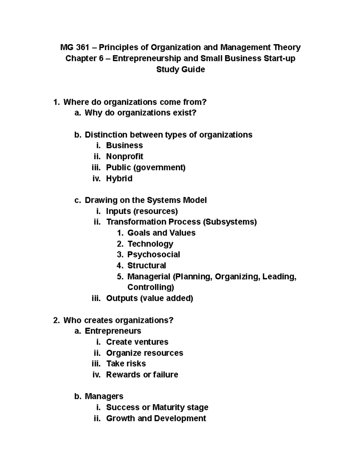 Chapter 6 Outline - MG 361 – Principles of Organization and Management ...