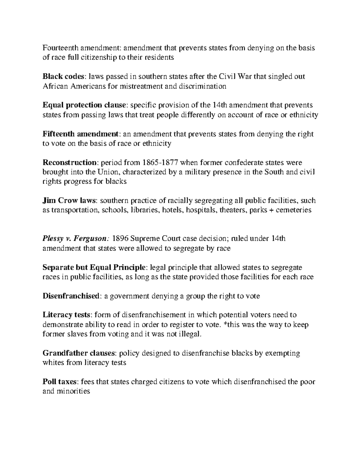 National Govt Notes - Civil Rights Era, Jim Crow, Disenfranchisement ...