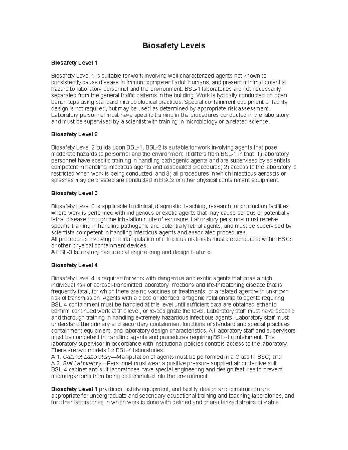 Biosafety Levels - ssc - Biosafety Levels Biosafety Level 1 Biosafety ...
