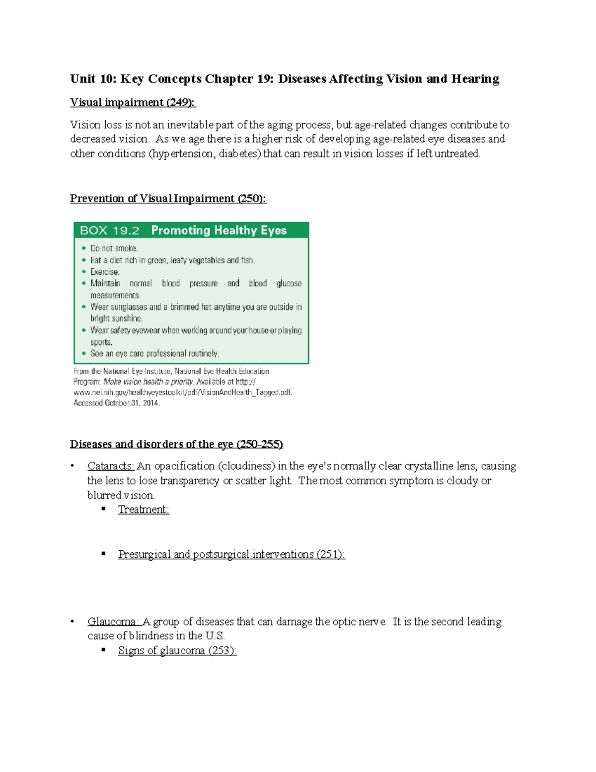 Unit 10 Key Concepts Chapter 19 Diseases Affecting Vision and Hearing - Unit 10: Key Concepts ...