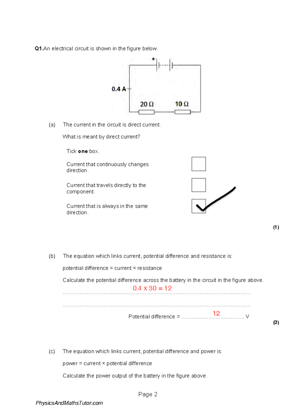 Current, Potential Difference & Resistance 1 QP copy - Page 2 Q1 ...