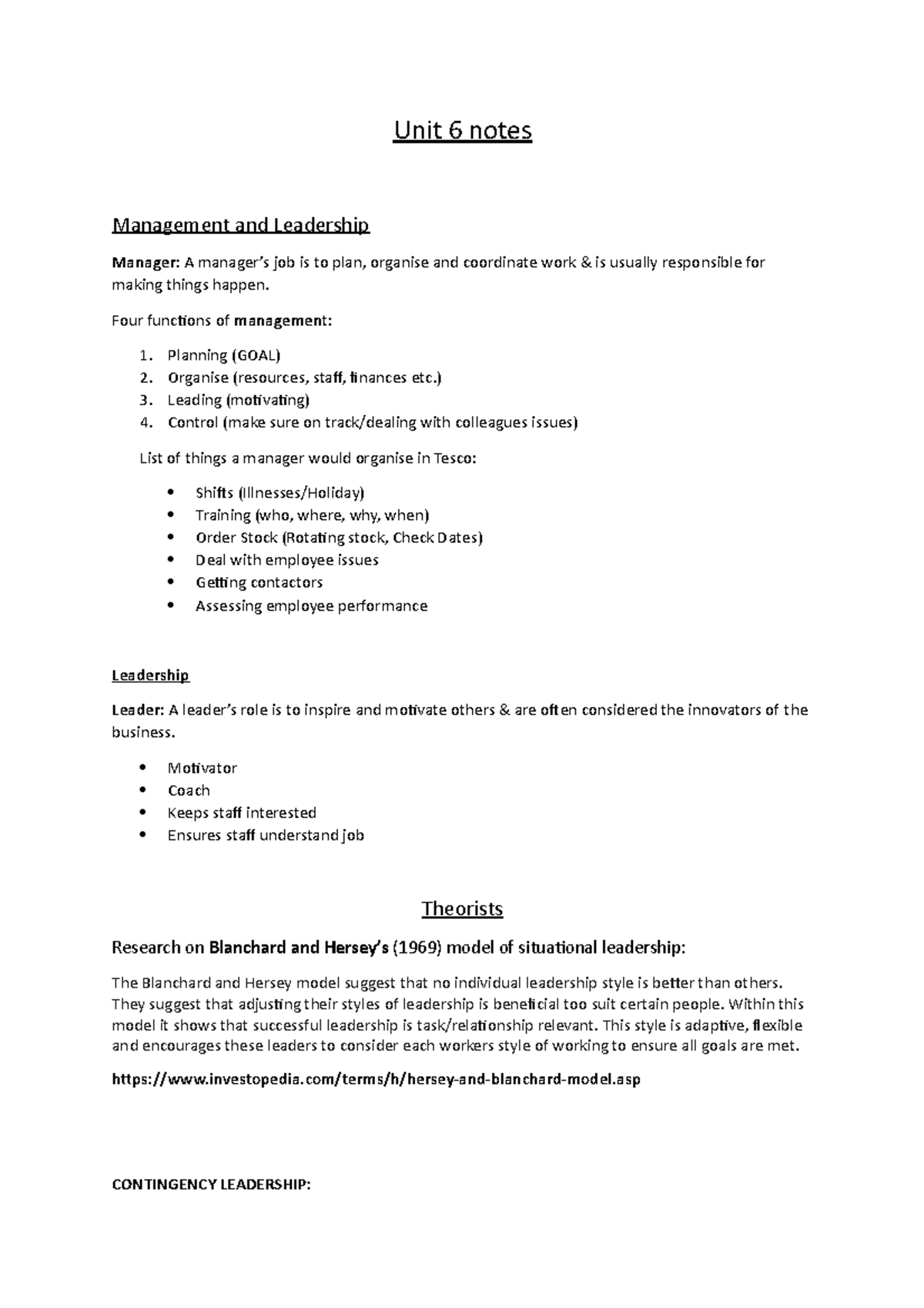Unit 6 Notes - Unit 6 notes Management and Leadership Manager: A ...