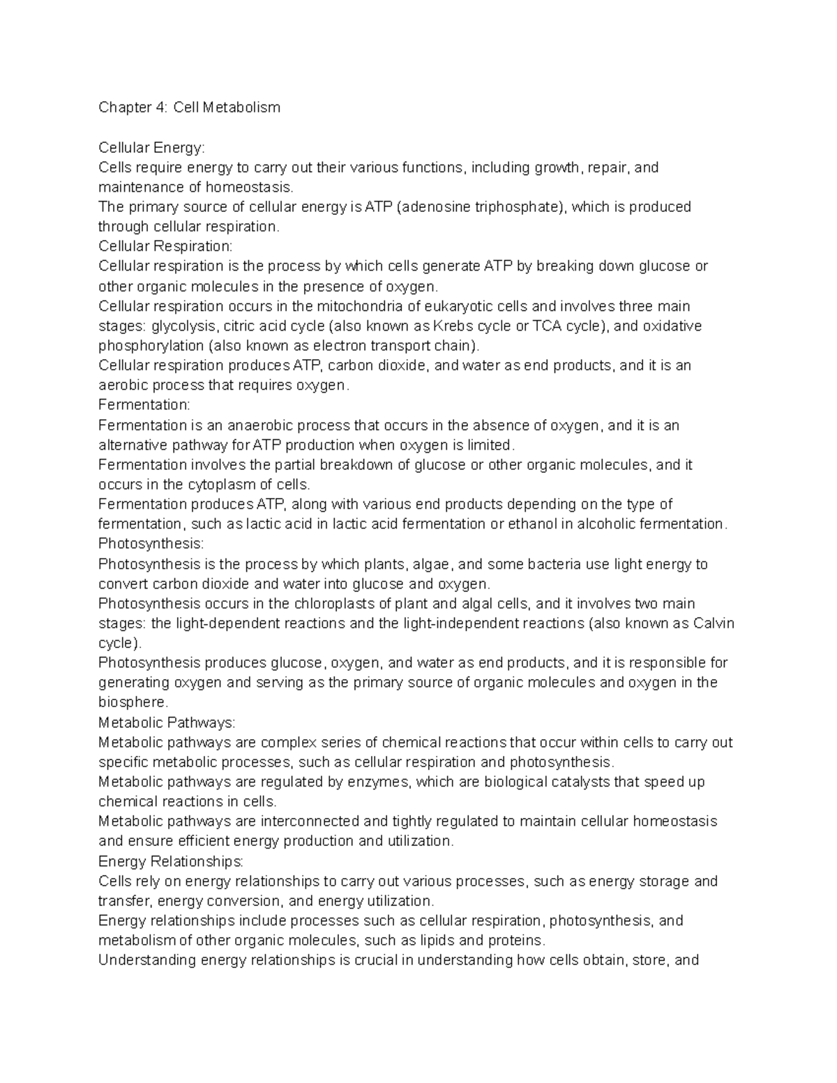 Untitled document - class notes - Chapter 4: Cell Metabolism Cellular ...
