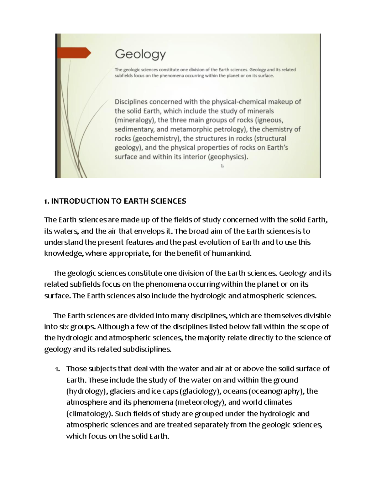 Module 1 Part 1 - Lessons - 1. INTRODUCTION TO EARTH SCIENCES The Earth ...