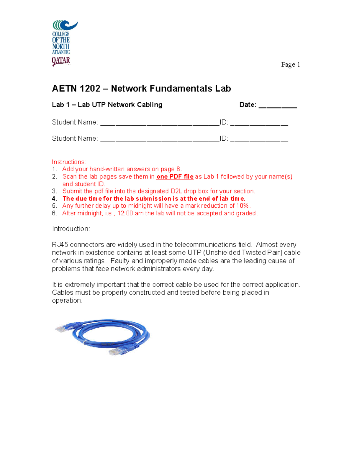 AETN 1202 -Lab 1 - F2022 v5 - Page 1 AETN 1202 – Network Fundamentals Lab Lab 1 – Lab UTP ...