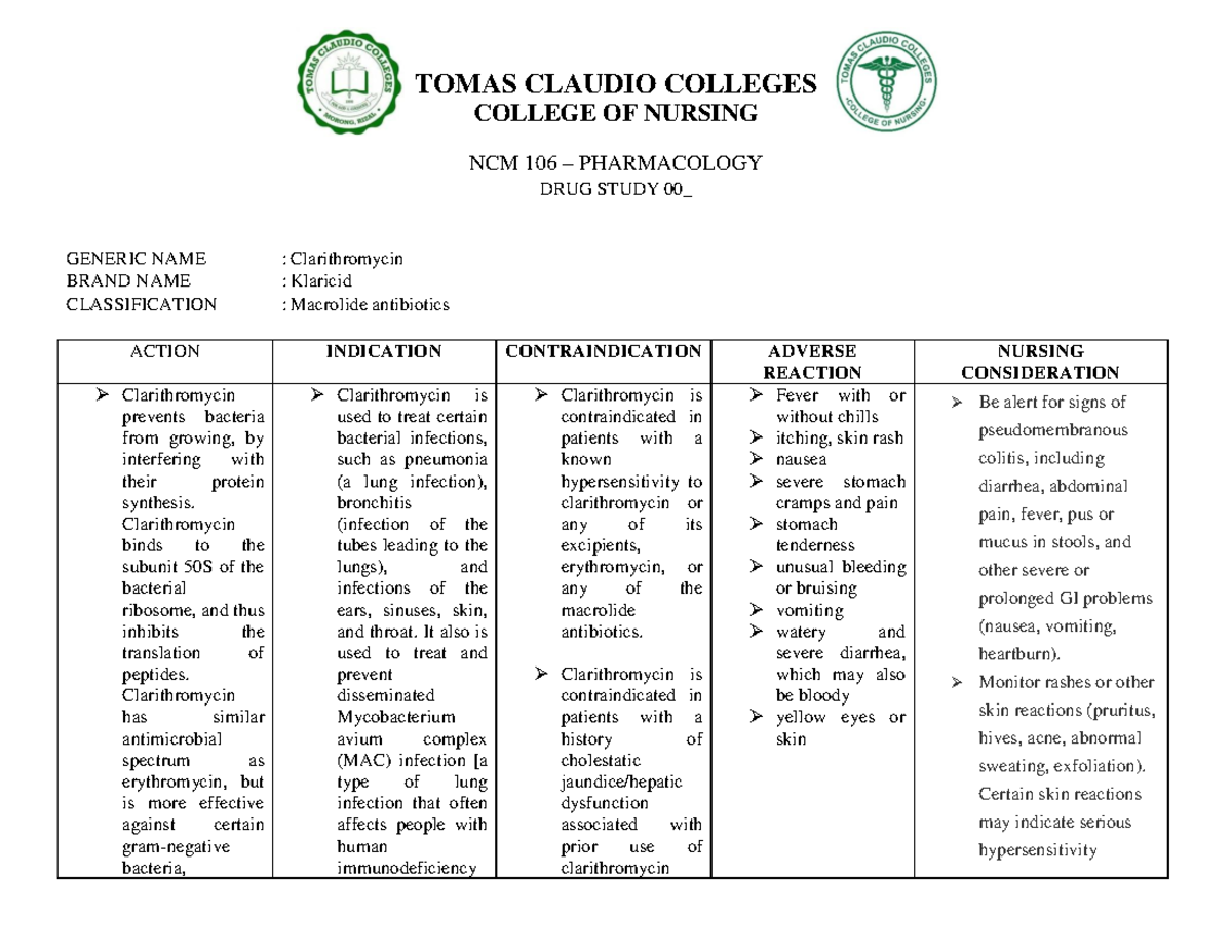 Drug-Study-Clarithromycin - TOMAS CLAUDIO COLLEGES COLLEGE OF NURSING ...