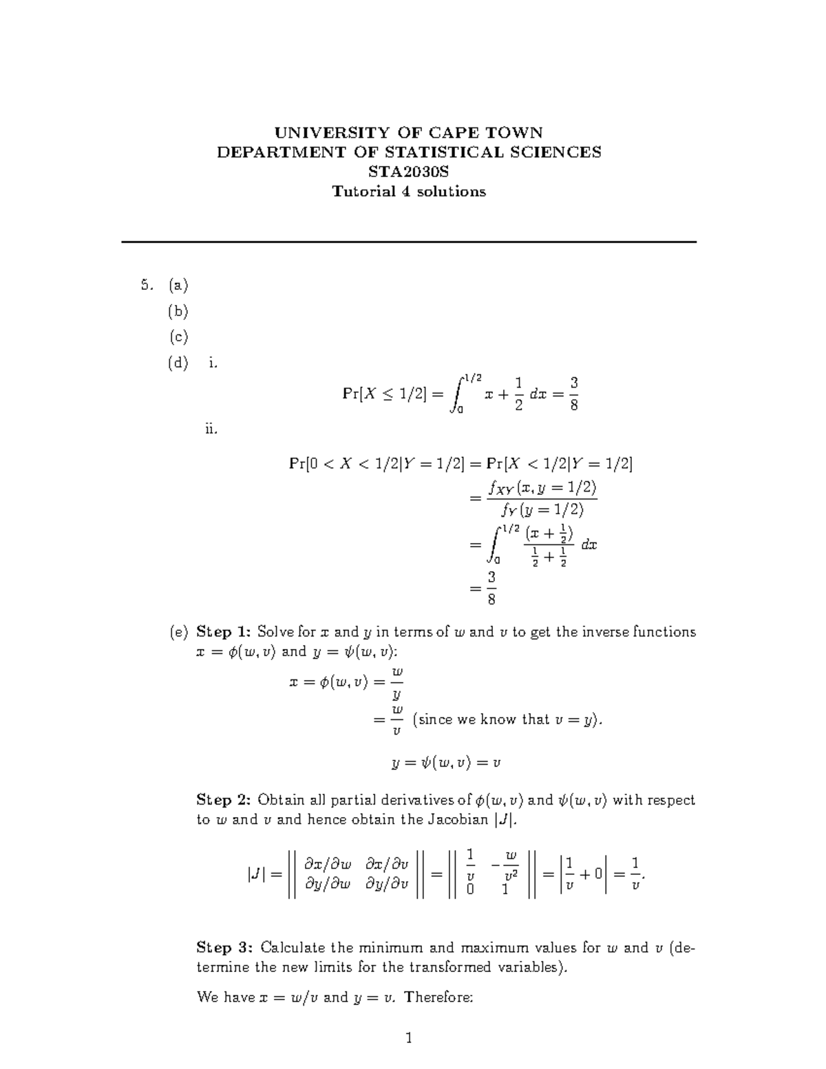 STA2030S Tutorial 4 solutions - UNIVERSITY OF CAPE TOWN DEPARTMENT OF STATISTICAL SCIENCES ...