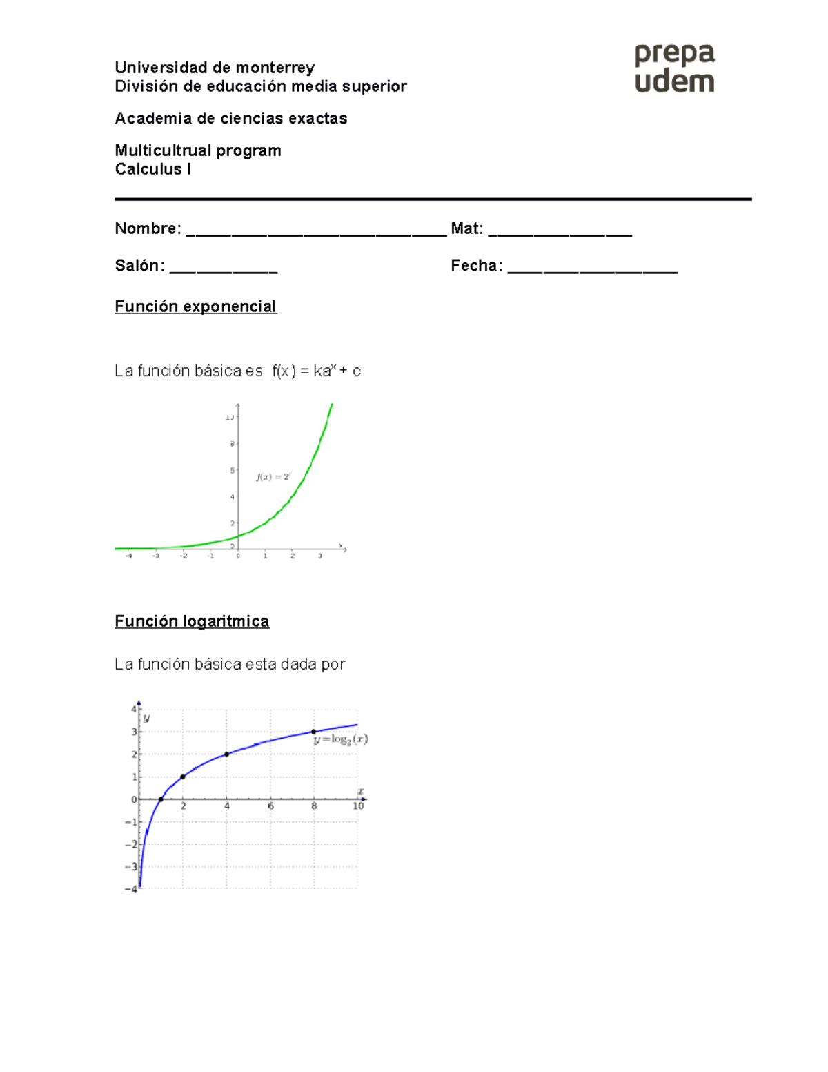 Guia 6 función exponencial y log - Universidad de monterrey División de ...