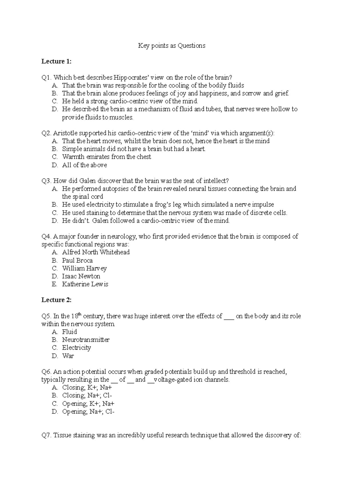 Sample/practice exam, questions - Key points as Questions Lecture 1: Q1 ...
